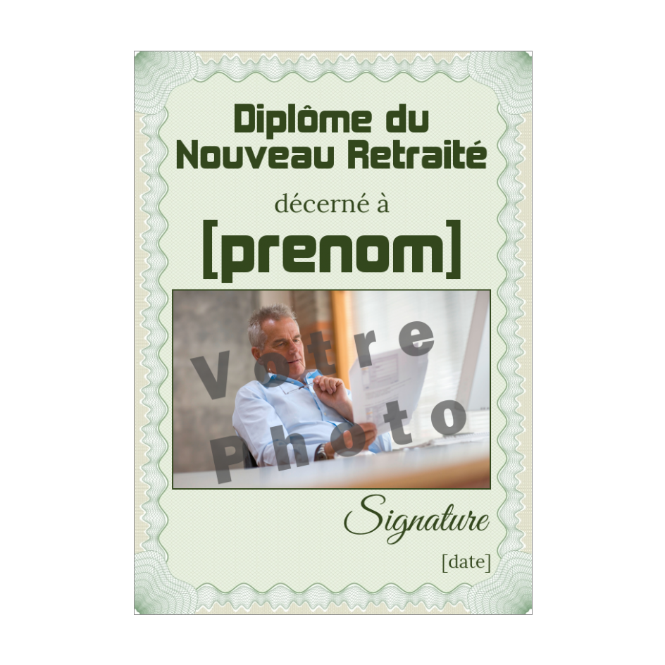 Diplome Retraite Humour Vert avec photo à imprimer (carte 1128)