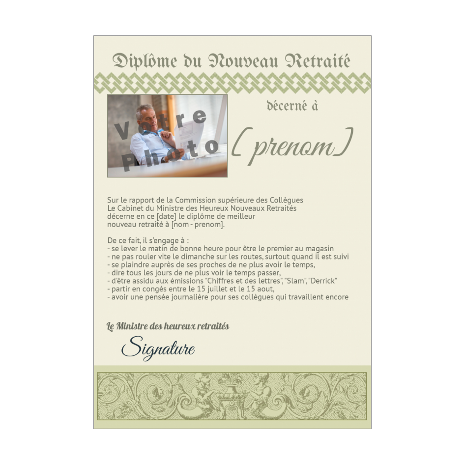 Diplome Retraite Humour Vert avec photo à imprimer (carte 1118)