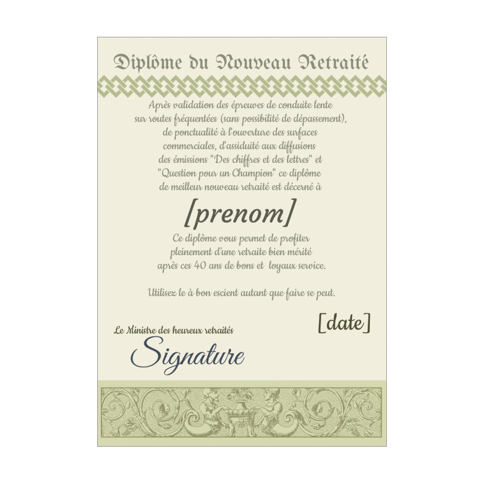 Diplome Retraite Humour Vert à imprimer (carte 1117)