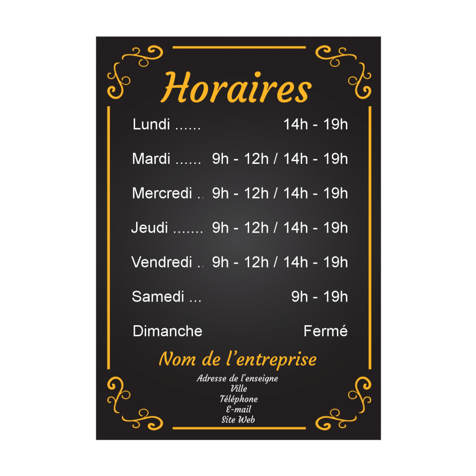 Affiche Commerce Restaurant Horaire Noir Orange à imprimer (carte 3158)