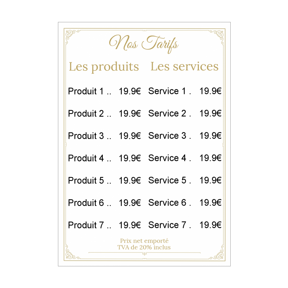 Affiche Liste Prix Doree Blanc Elegant à imprimer (carte 3154)