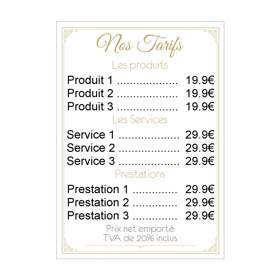 Affiche Liste Prix Doree Elegant à imprimer (carte 3153)