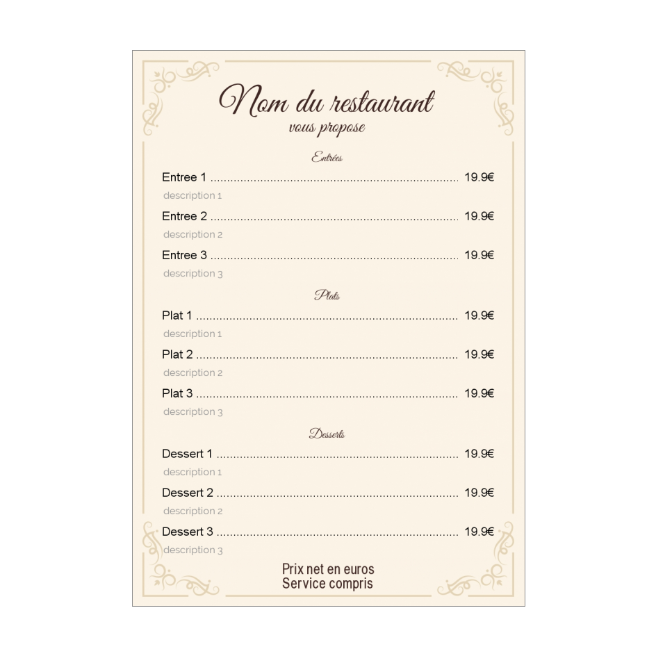 Carte Menu Restaurant Jaune Elegant à imprimer (carte 3642)