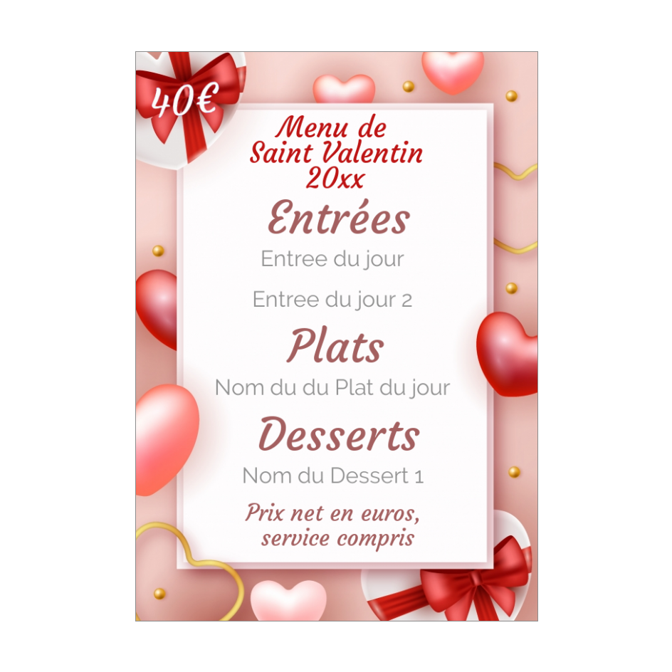Menu Restaurant Saint Valentin Coeur Doree gratuit à imprimer (carte 3875)