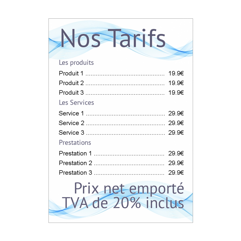 Affiche Liste Prix Bleu Vague gratuit à imprimer (carte 3969)
