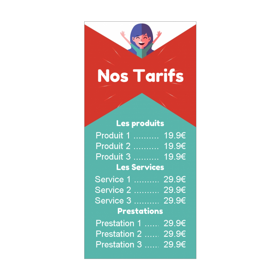 Affiche Liste Prix Bleu Rouge Femme gratuit à imprimer (carte 3210)