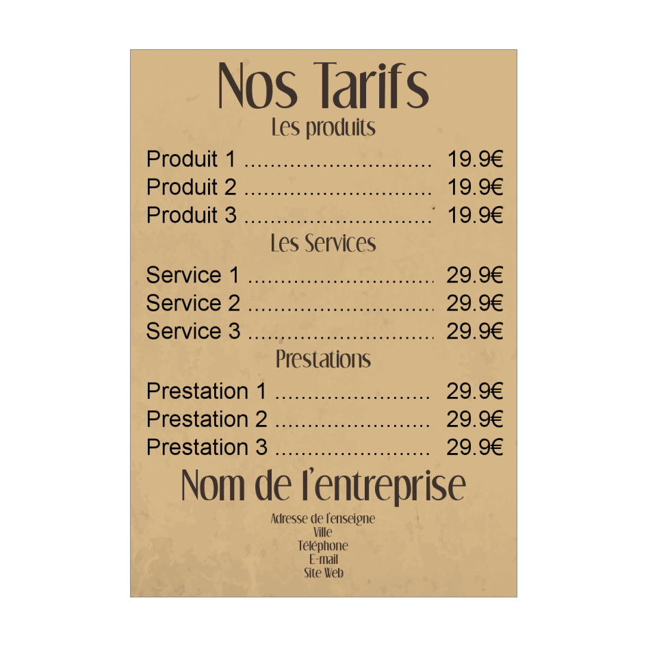 Affiche Liste Prix Marron à imprimer (carte 3166)